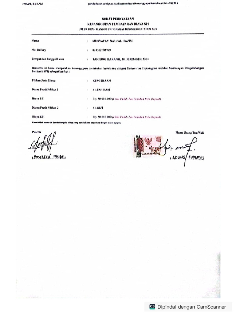 Surat Kesanggupan A.N Musyaffa Naufal Hazim | PDF
