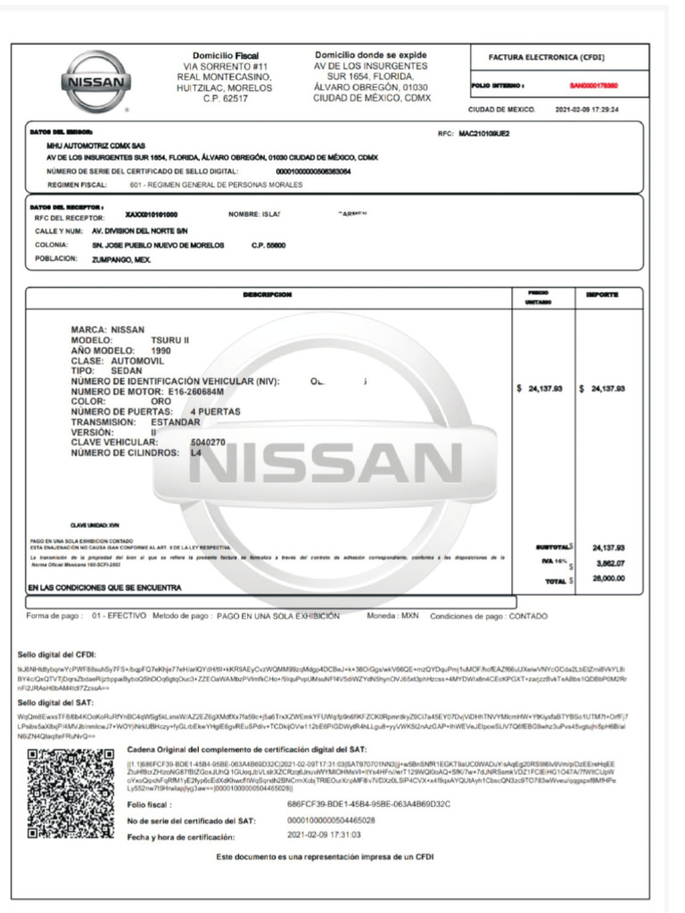 Factura Nissan Tsuru | PDF