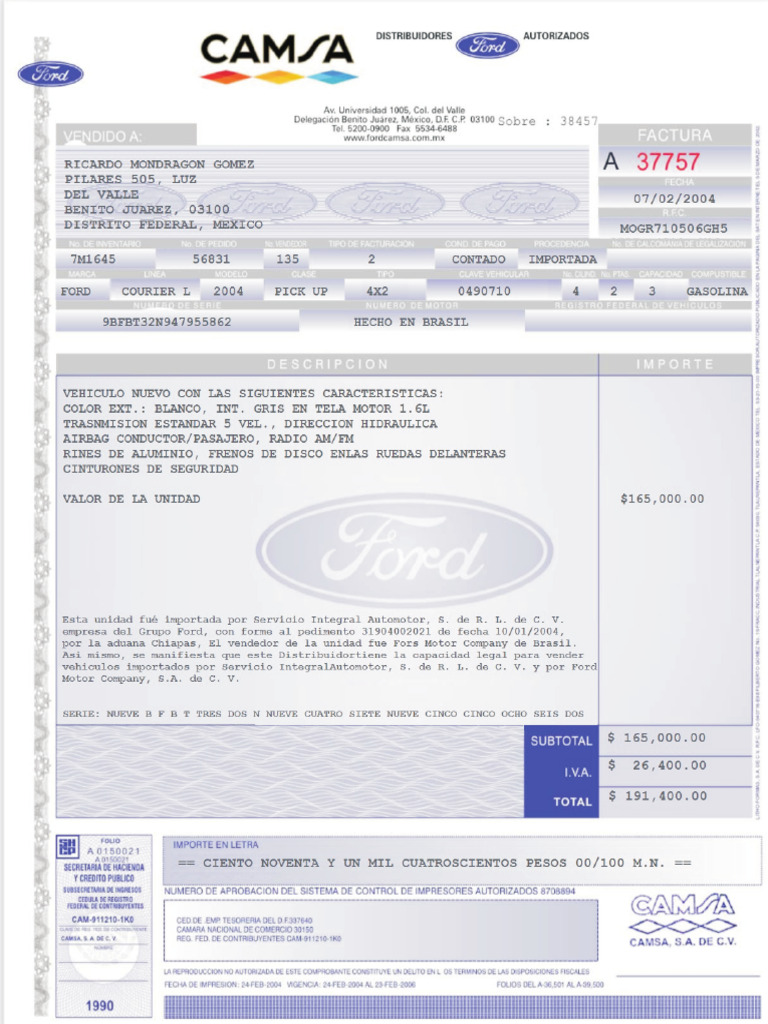 Factura Ford Courrier | PDF