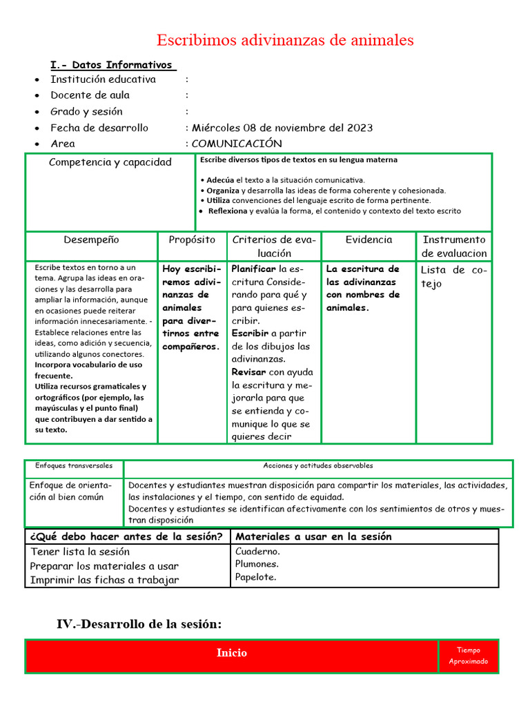 Escribimos Adivinanzas Con Nombre de Animales. | PDF | Evaluación | Aprendizaje