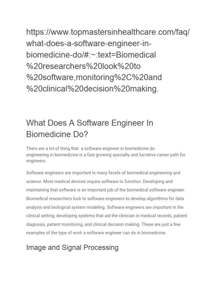 What Does A Software Engineer in Biomedicine Do | PDF | Biomedical Engineering | Health Sciences