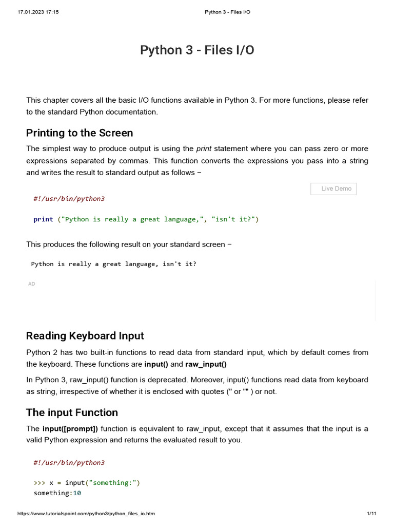 Python 3 - Files I - O | Download Free PDF | Parameter (Computer Programming) | Data