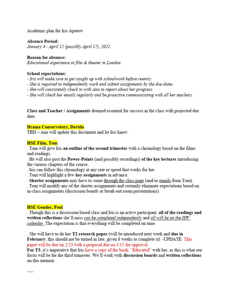 Iris Apatow Academic Plan | PDF | Internet Forum | Human Communication