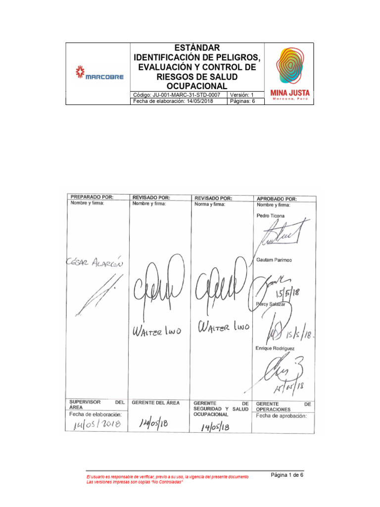 Ju 001 Marc 31 STD 0007 Estandar Iperc Salud Ocupacional | PDF | Higiene Ocupacional | Seguridad ...