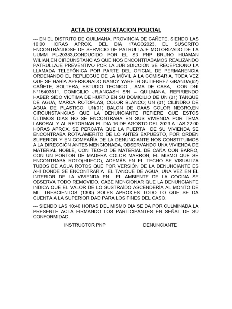 ACTA DE CONSTATACION POLICIA, OTRO CASO DE HURTO. | PDF ACTA DE CONSTATACION POLICIA, OTRO CASO DE HURTO. | PDF