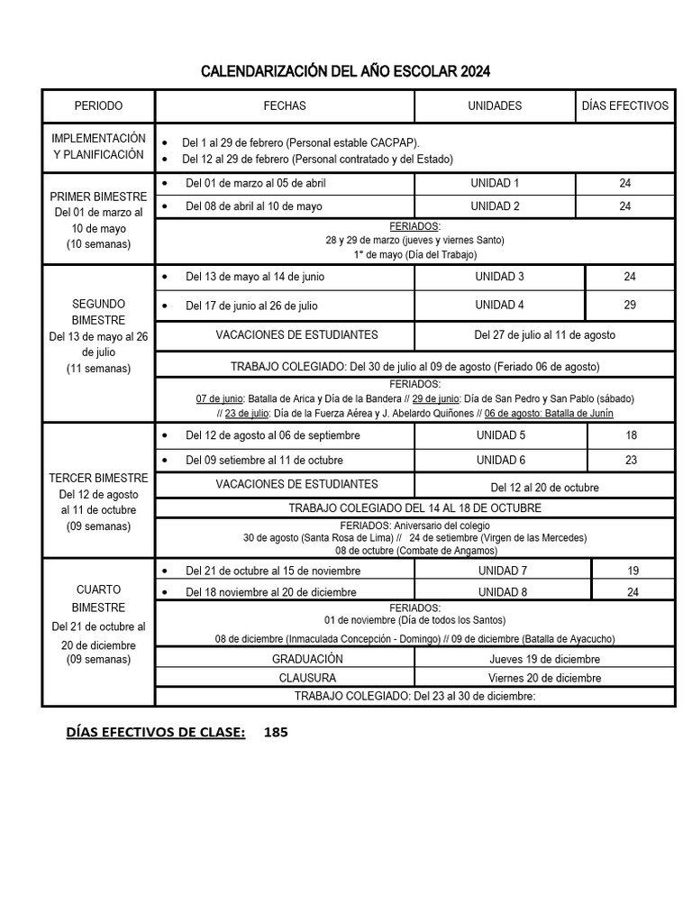 Calendarización Del Año Escolar 2024 | PDF