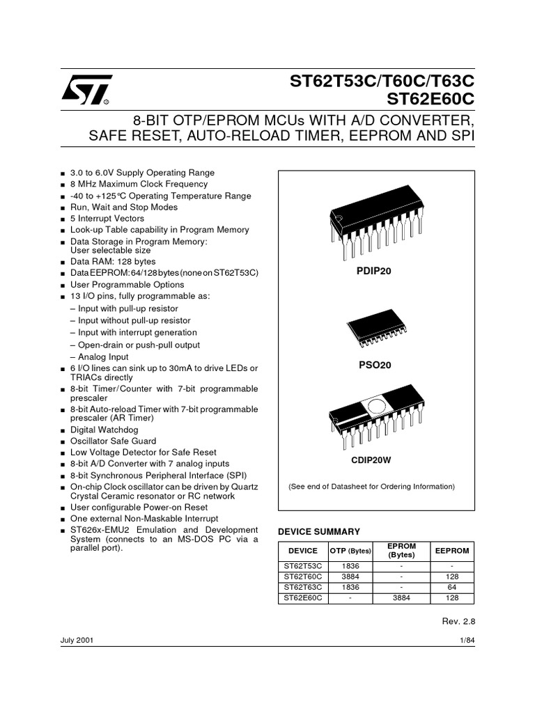 St62t53ct60ct63c St62e60c 8 Bit Otpeprom Mcus With Ad Converter Safe Reset Auto Reload 1500