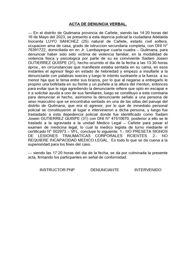 Acta de Denuncia Verbal - Violencia Fisica y Psicologica | PDF | La violencia contra las mujeres ...