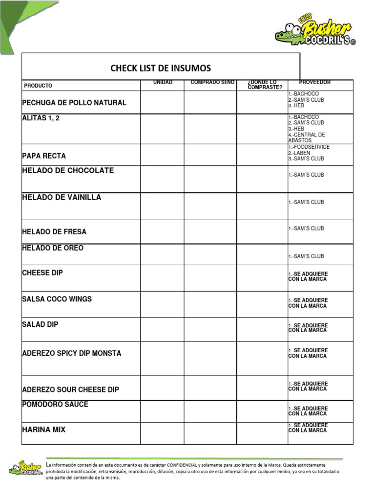 16 Check List de Insumos Editada | PDF | Alimentos | Comida y bebida