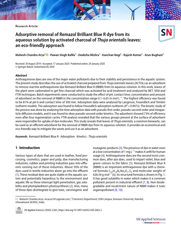 Adsorptive Removal of Remazol Brilliant Blue R Dye From Its Aqueous Solution by Activated ...
