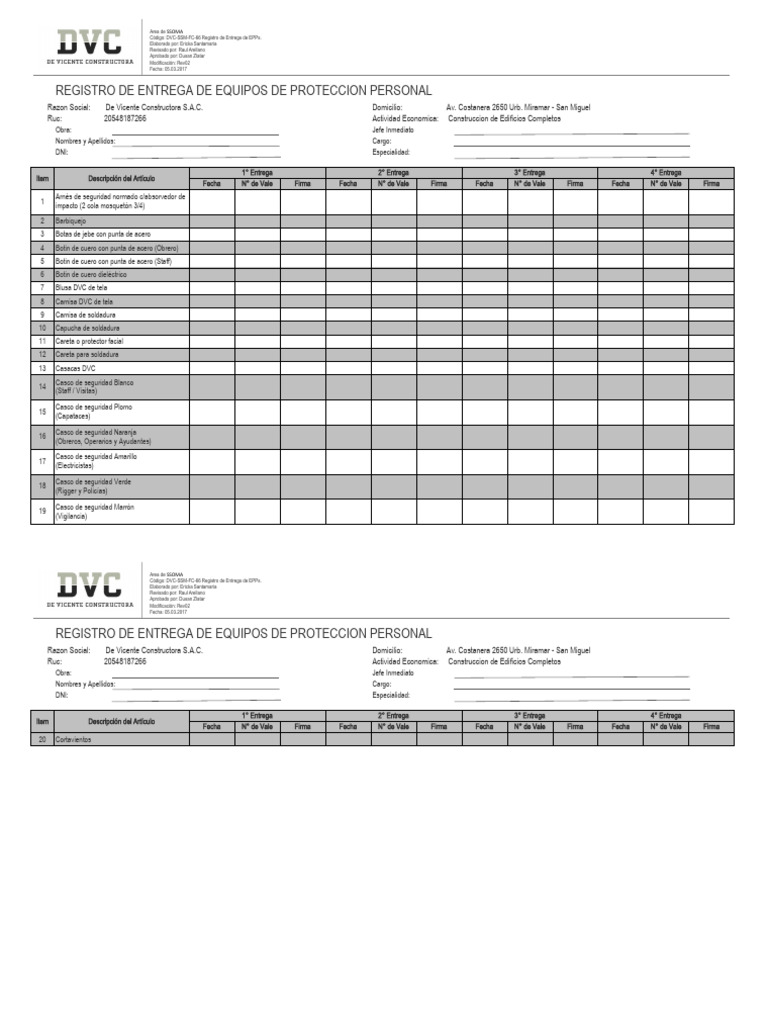 Registro de Entrega de EPPs. | Descargar gratis PDF | Seguridad y salud ocupacional | Ropa