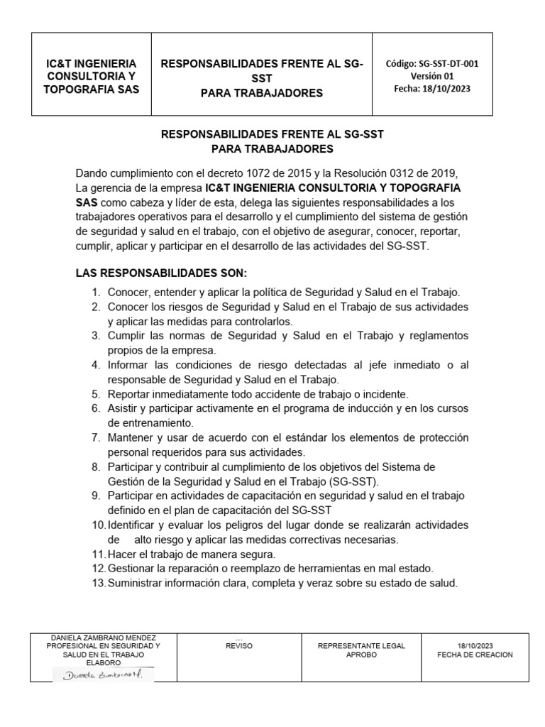 DT-001 Responsabilidades de Los Trabajadores Frente Al SG-SST | PDF ...