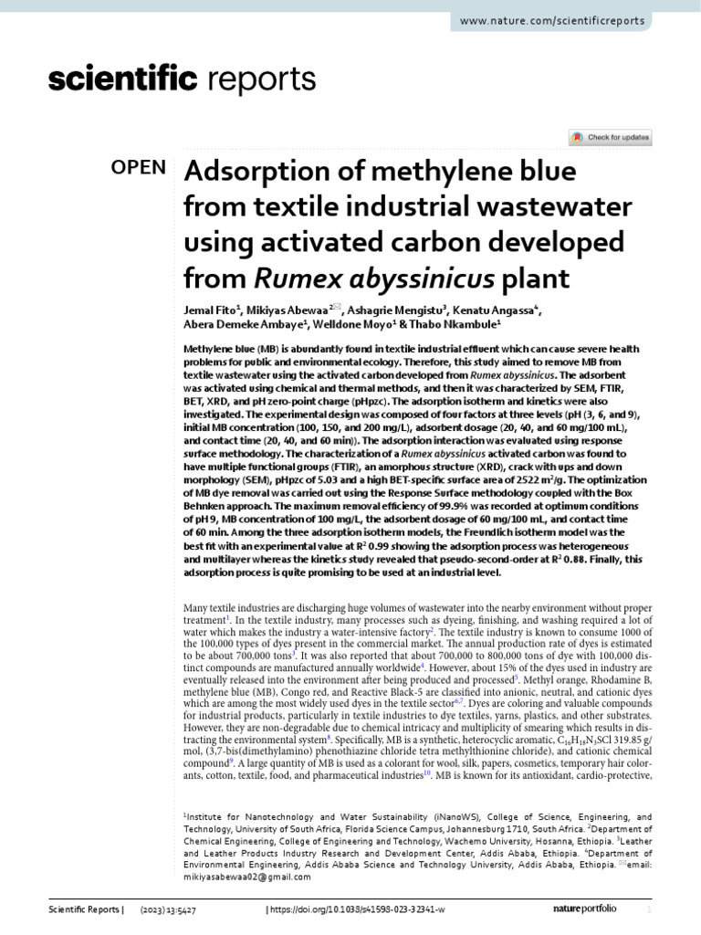 Adsorption of Methylene Blue From Textile Industrial Wastewater Using Activated Carbon Developed ...