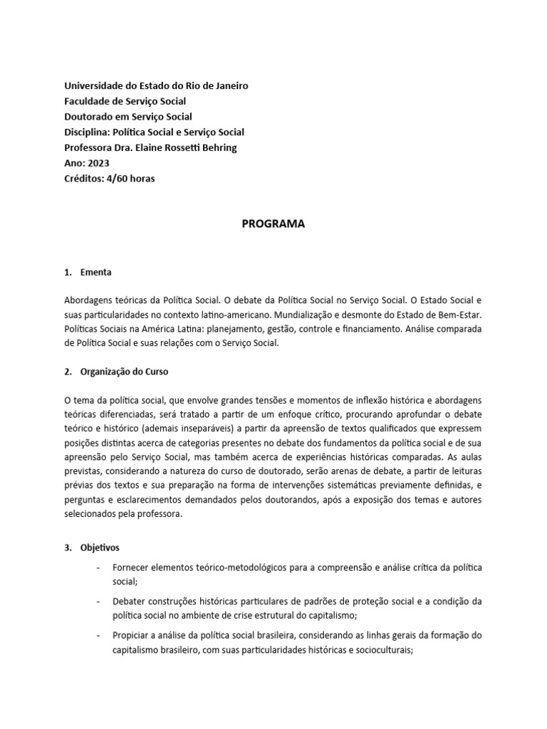 Programa Disciplina Elaine Behring PSSS 2023 | PDF | Sociologia | Trabalho social