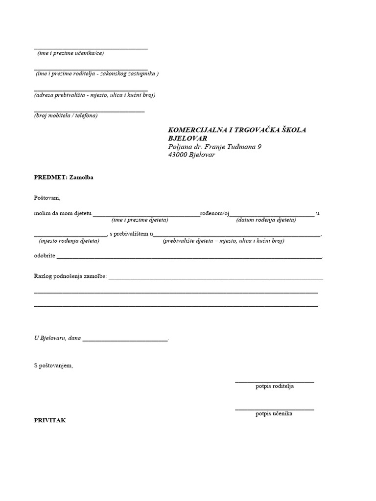 Zamolba Nastavnickom Vijecu Ostalo | PDF