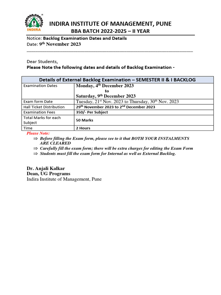 Batch 22-25 Backlog Exam | PDF
