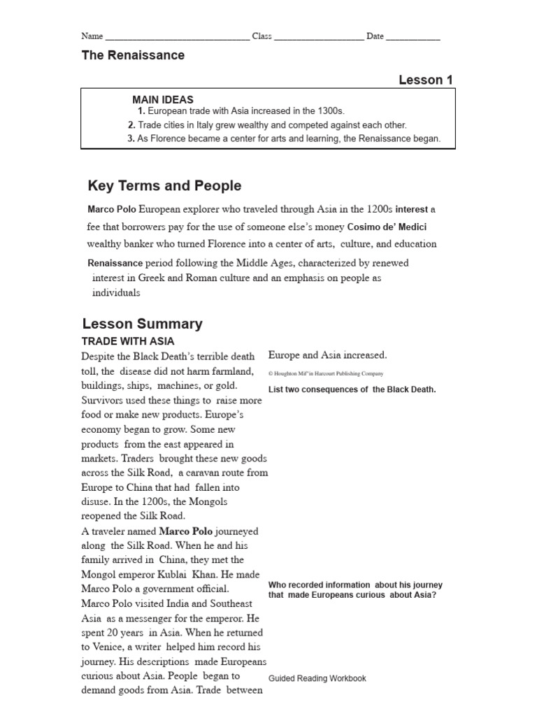 2.1.1 HW Renaissance Guided Reading | PDF | Marco Polo | Florence