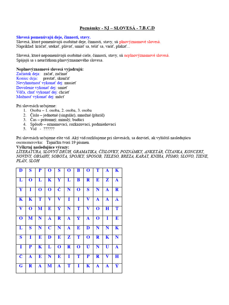 Poznámky - SJ - SLOVESÁ - 7.B.C.D: Slovesá Pomenúvajú Deje, Činnosti ...