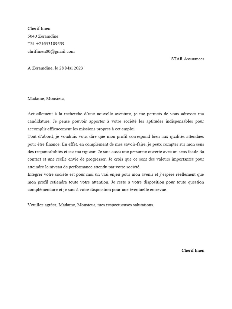 Candidature pour un poste chez STAR Assurances | PDF | Évolution de ...