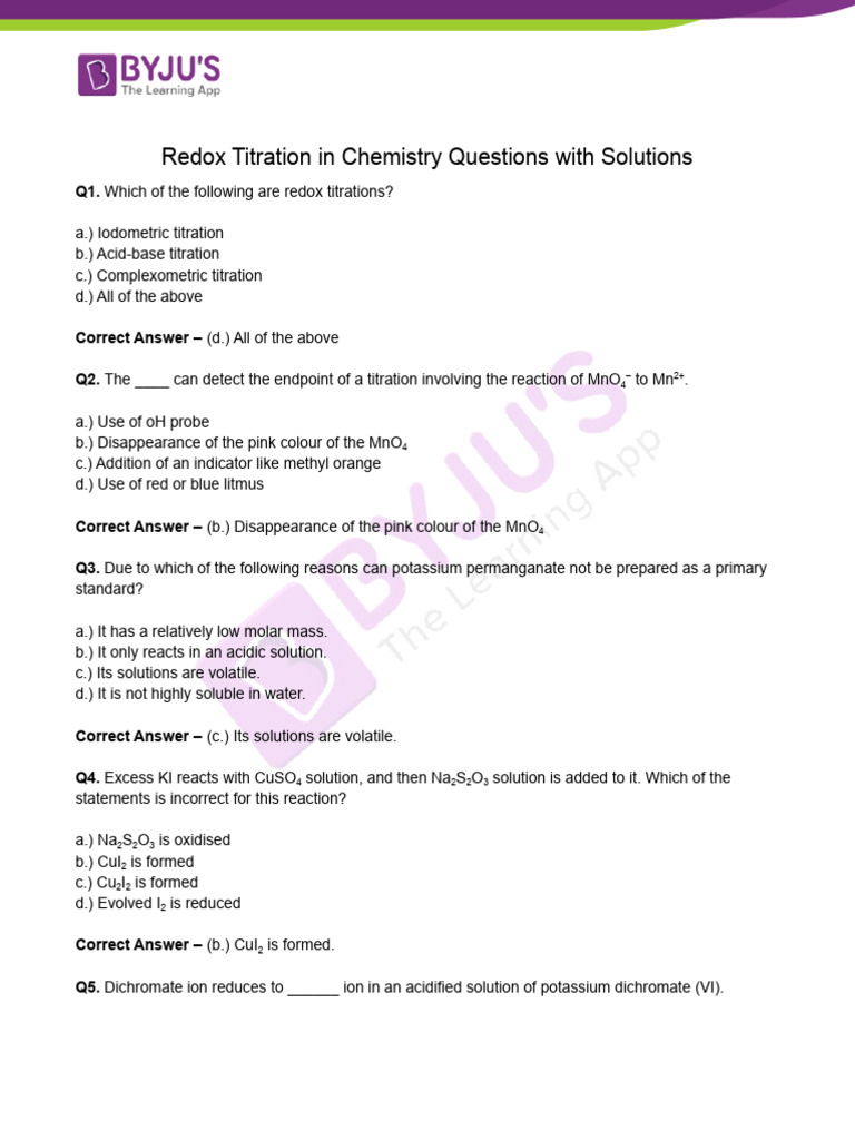 Redox Titration Questions - Docx 1 | PDF | Chemistry | Titration
