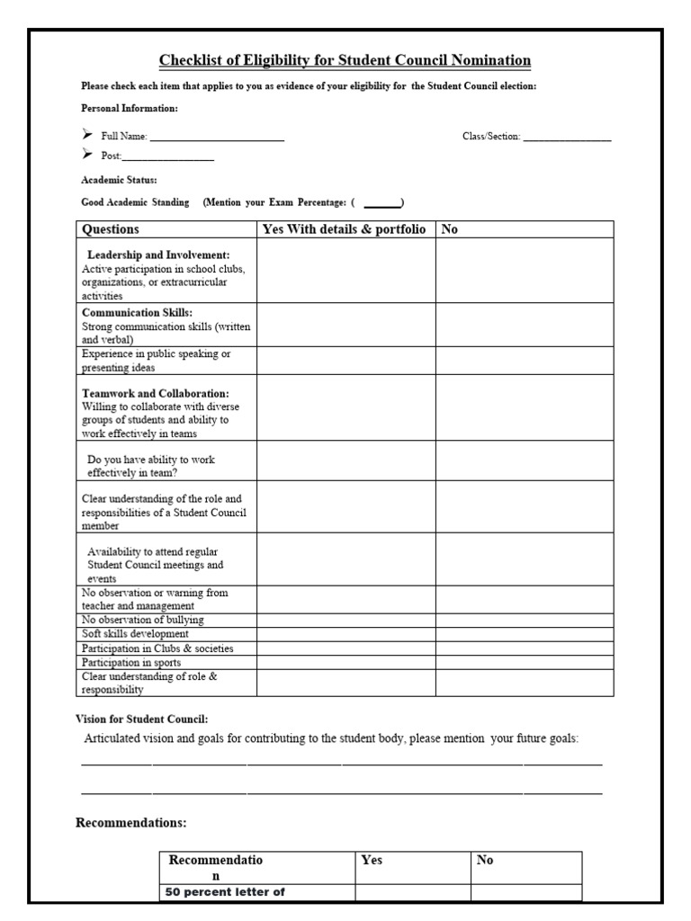 Student Council Nomination Checklist | PDF | Communication | Cognition
