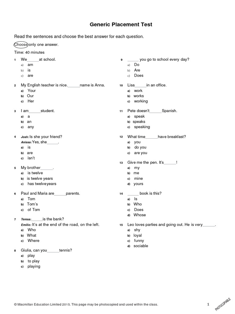 Generic Placement Test | PDF