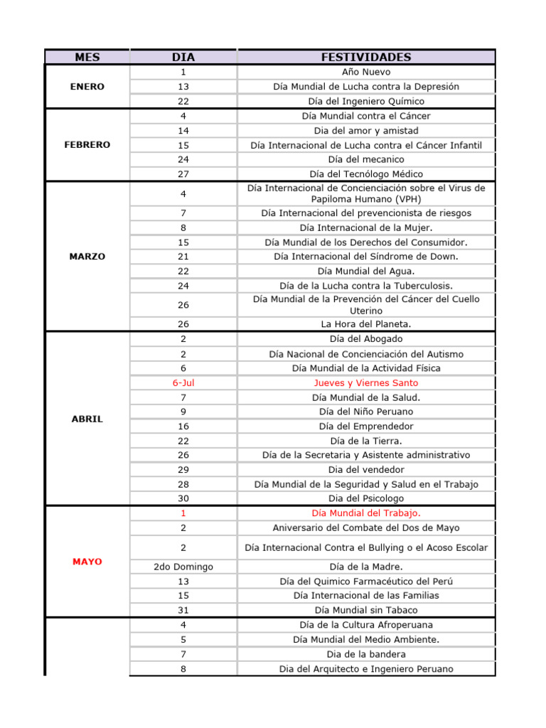 Calendario de Festividades Perú - para Post y Estados | PDF | Perú