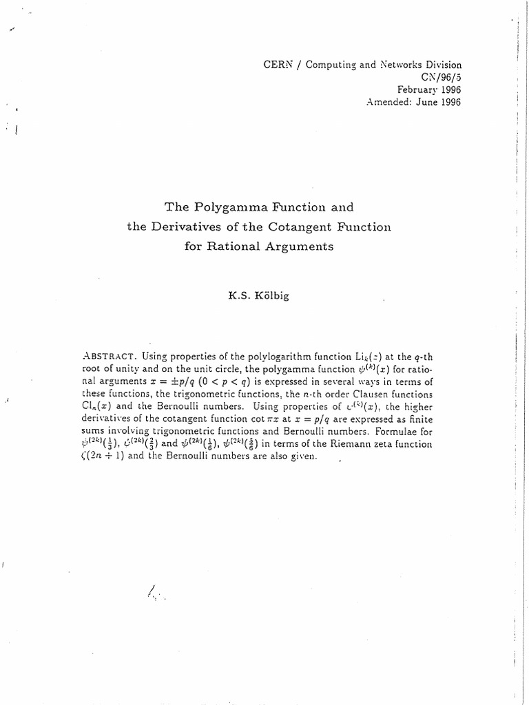 The Polygamma Function and The Derivatives of The Cotangent Function For Rationals Arguments | PDF