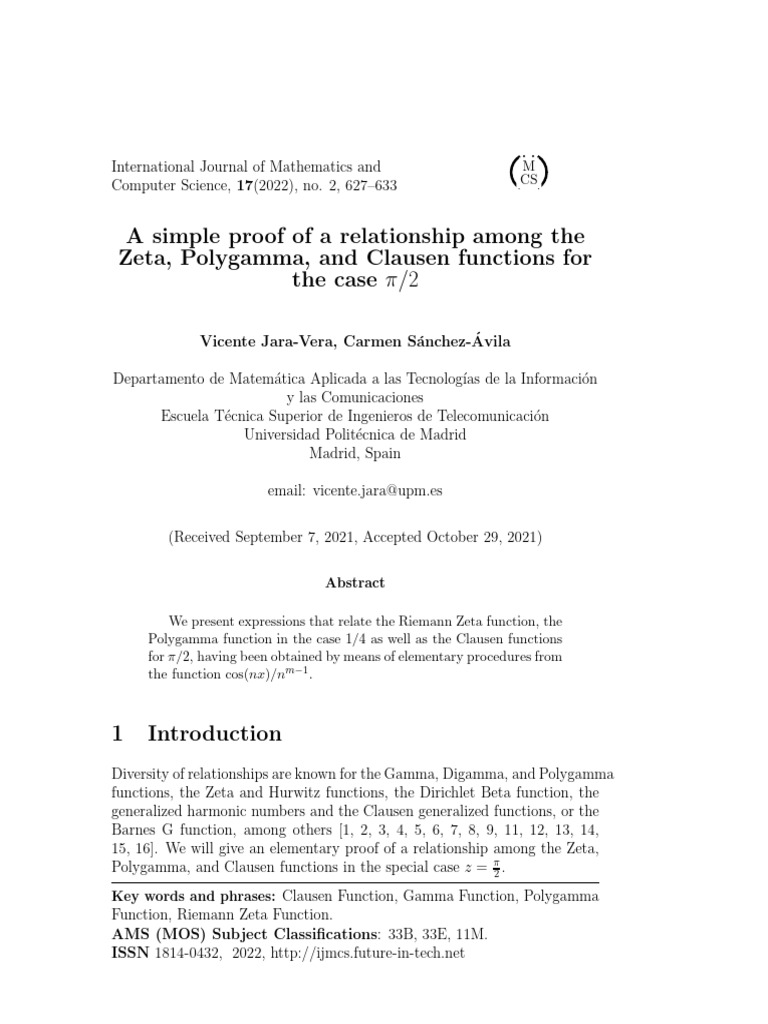 A simple proof of a relationship among the Zeta, Polygamma, and Clausen functions for the case π ...