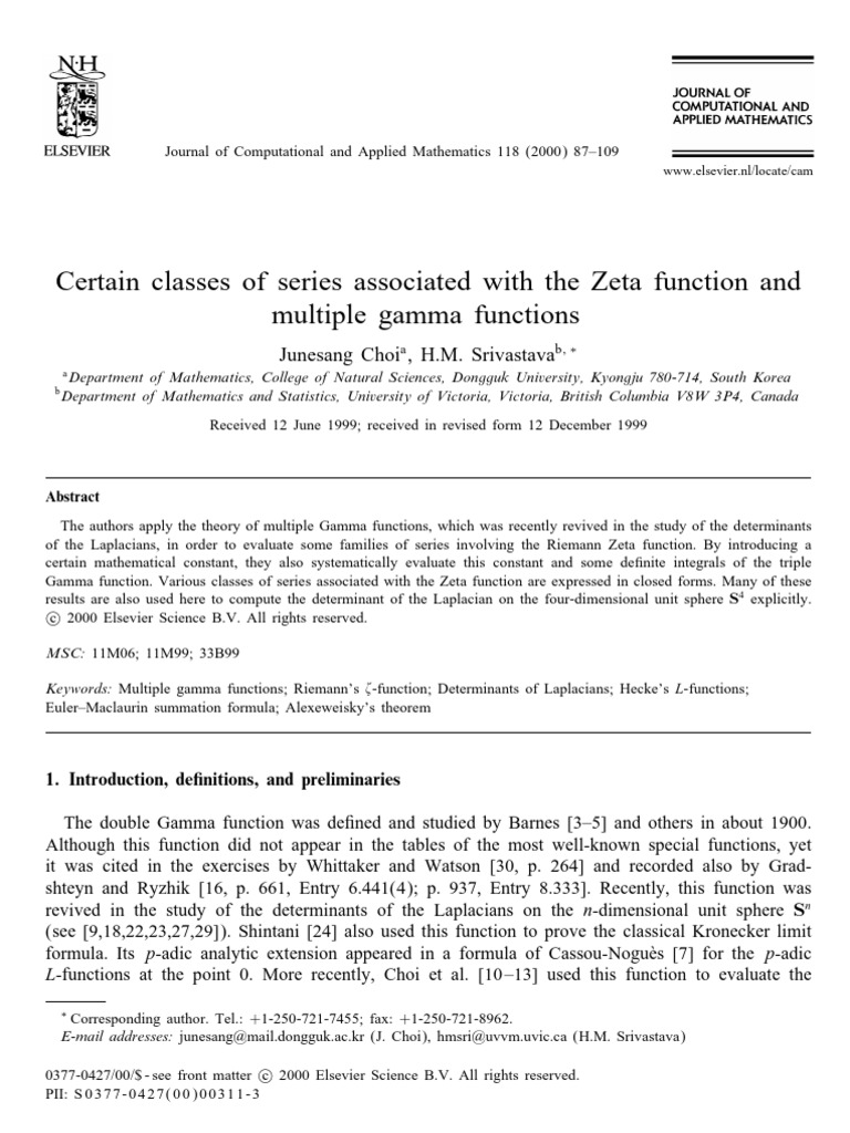 Certain Classes of Series Associated With The Zeta Function and Multiple Gamma Functions | PDF ...