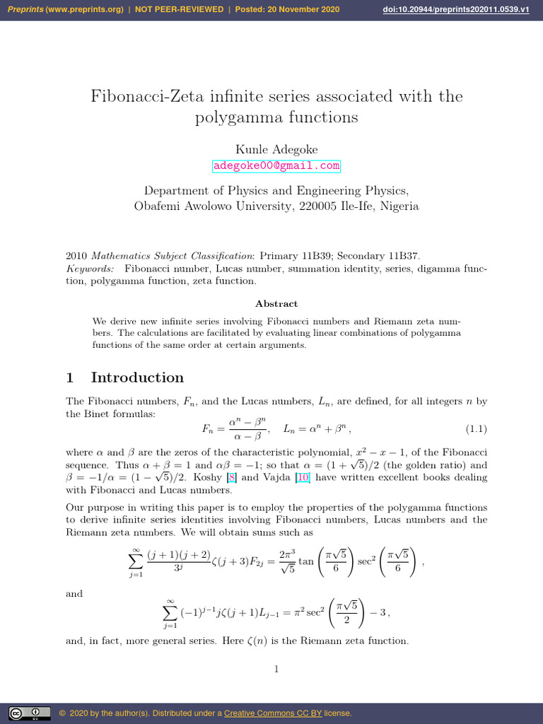 Fibonacci-Zeta Infinite Series Associated With The Polygamma Functions | PDF | Summation ...
