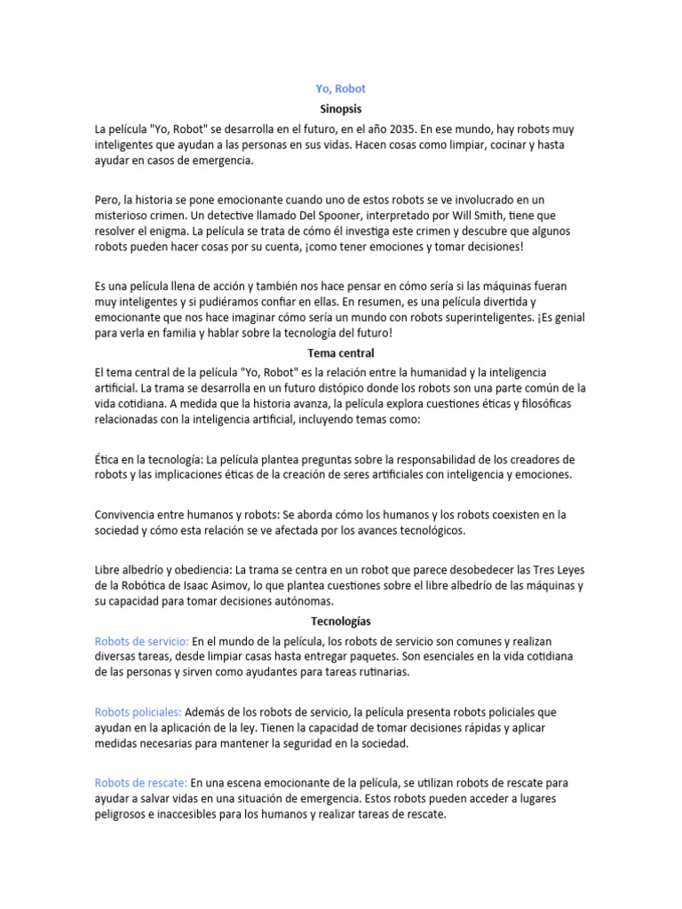 Sinopsis Yo, Robot | Descargar gratis PDF | Robot | Robótica