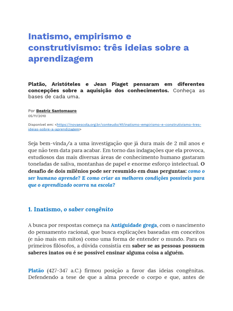 TEXTO - Inatismo - Empirismo e Construtivismo | PDF | Aprendizado ...