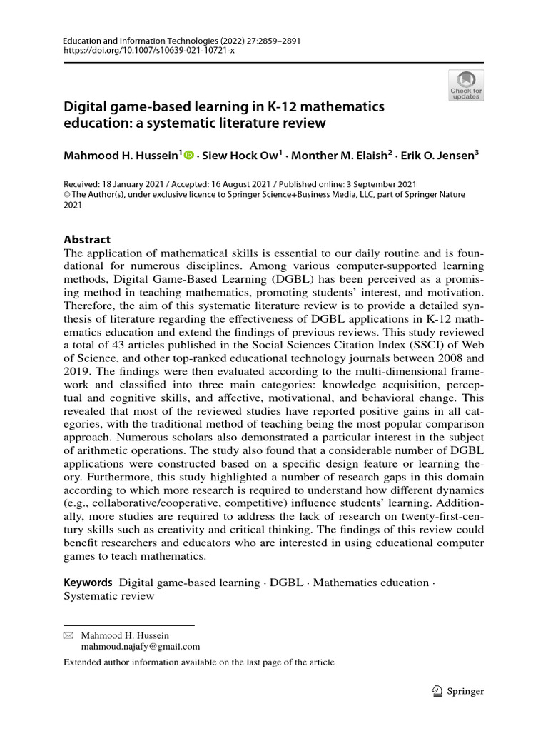 Houssein Et Al. (2023) Digital Game-Based Learning in K-12 Mathematics ... Houssein Et Al. (2023) Digital Game-Based Learning in K-12 Mathematics ...