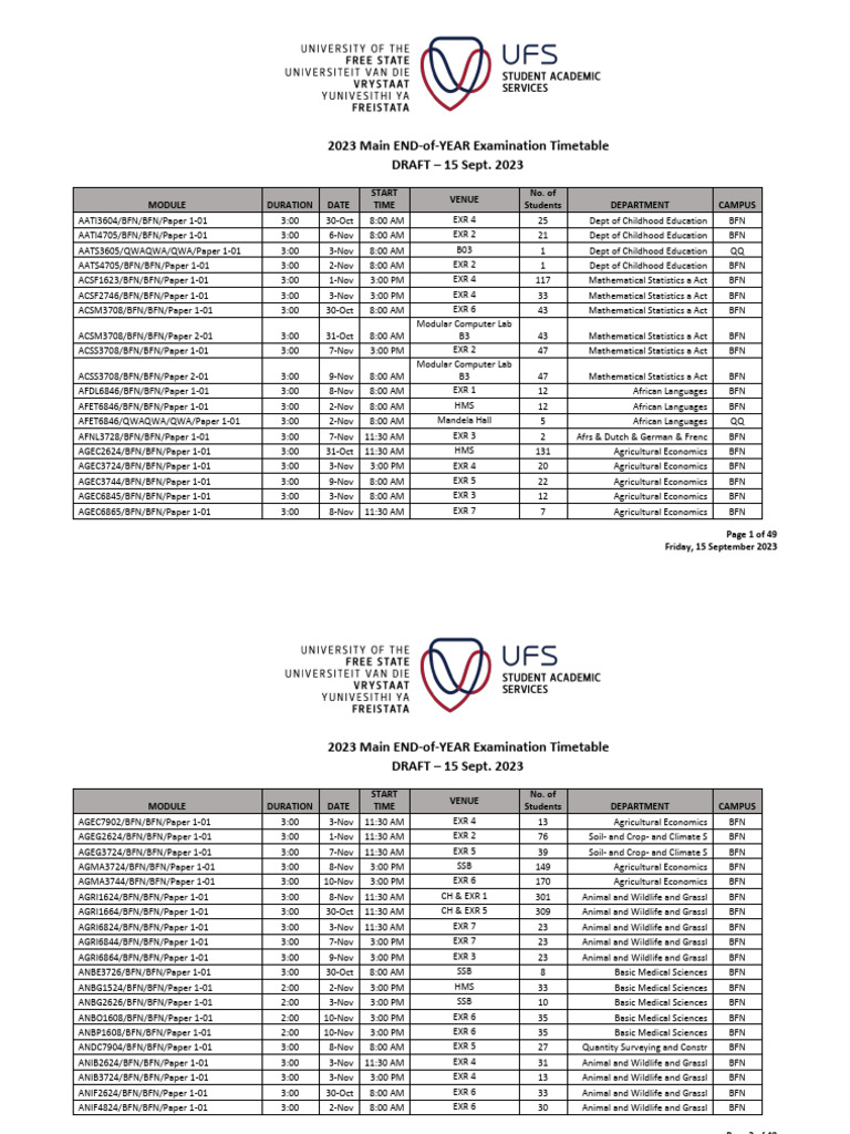 2023 Year-End Exam Timetable Draft | PDF | Agriculture