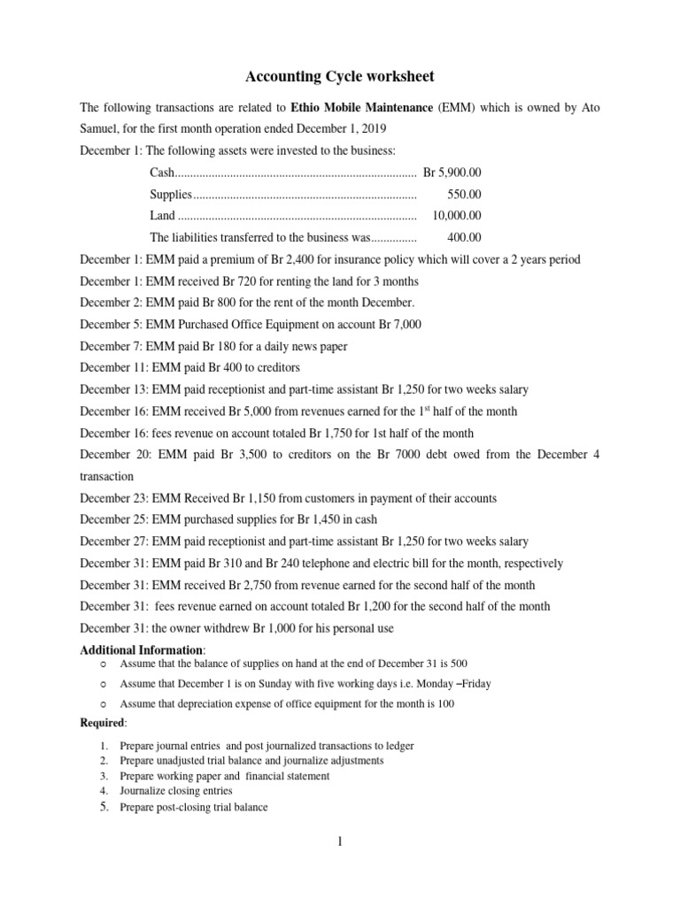 Accounting Cycle Worksheet | PDF | Debits And Credits | Expense