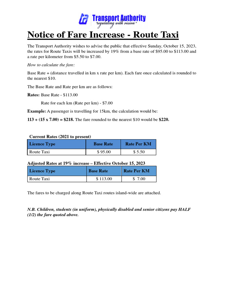 ROUTE TAXI FARE INCREASE 2023 - Updated | Download Free PDF | Fare ...