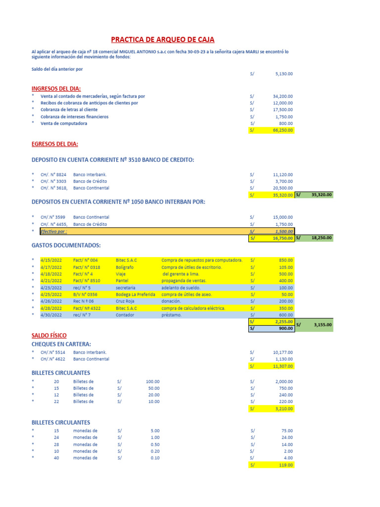 Practica de Arqueo de Caja Monedas Ejercicio 3 | Descargar gratis PDF ...