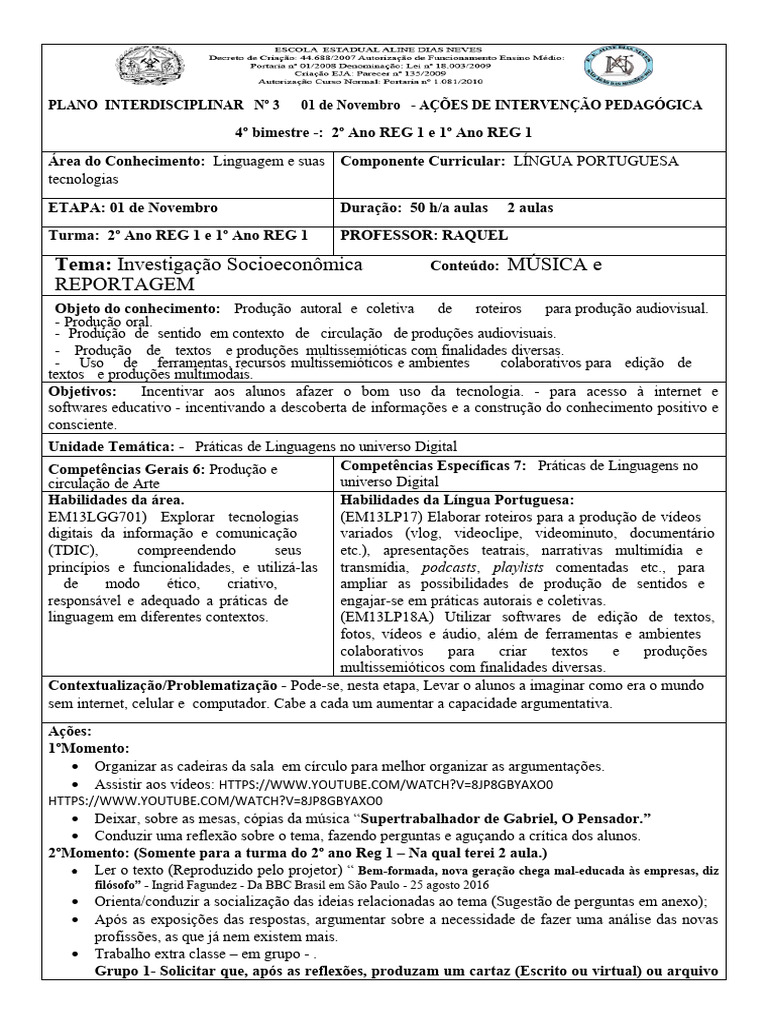 Plano de Aula Interdisciplinar - Nº 3 - 4º Bimestre - 2º Ano Reg 1 e 1º Ano Reg 2 - 4º Bimestre ...