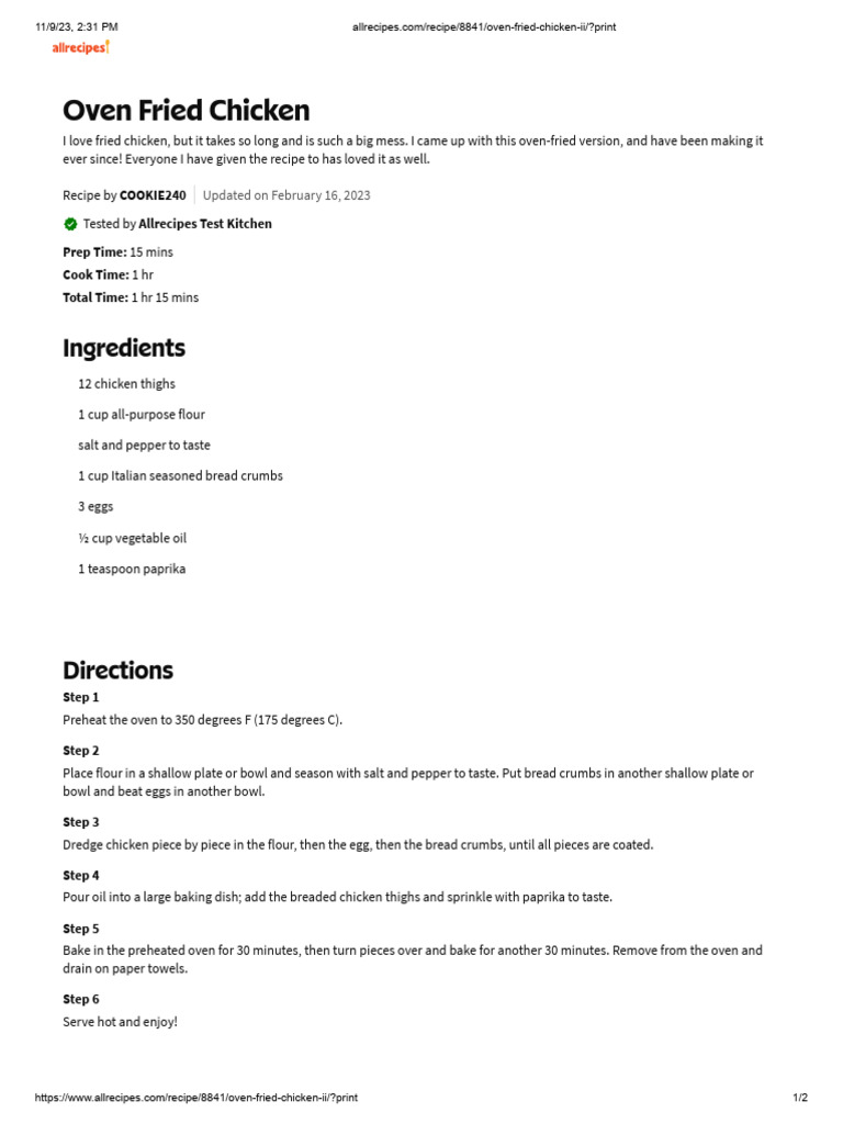 Oven Fried Chicken | PDF