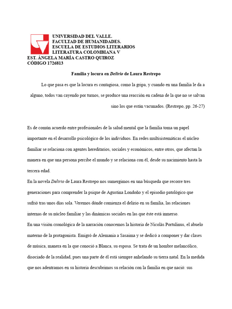 Familia y locura en Delirio de Laura Restrepo | PDF