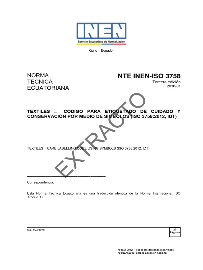 Quito Ecuador Extracto Textiles Código para Etiquetado de Cuidado y Conservación Por Medio de ...
