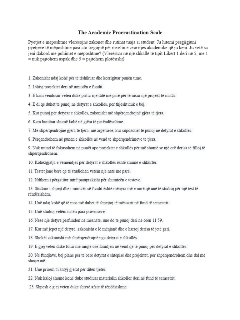 The Academic Procrastination Scale 2 ARTI | PDF