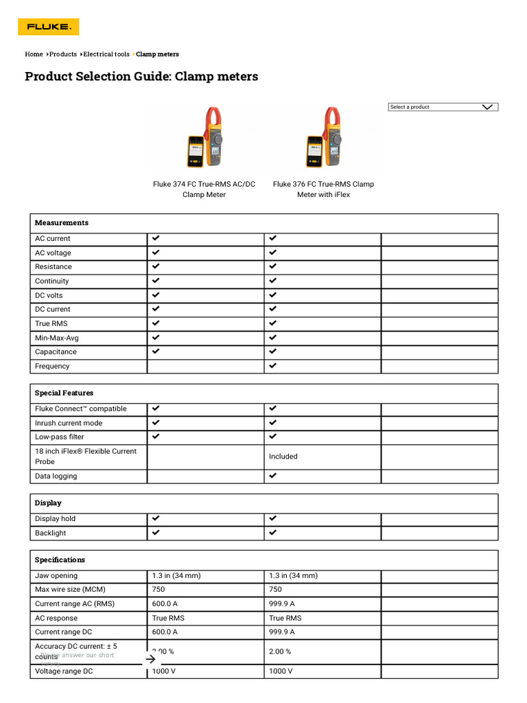 Product Selection Guide - Clamp Meters - Fluke | PDF | Alternating Current | Electronic Engineering