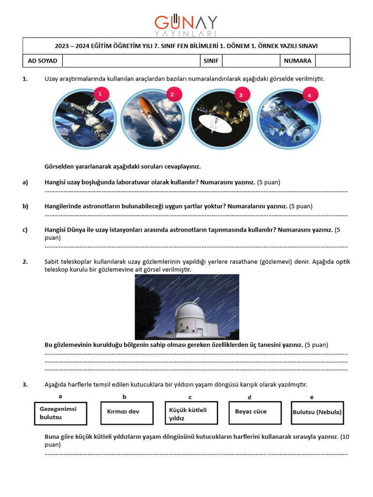 7 SINIF Fen Bilimleri 1 DONEM 1 YAZILI - 231025 - 142359 | PDF