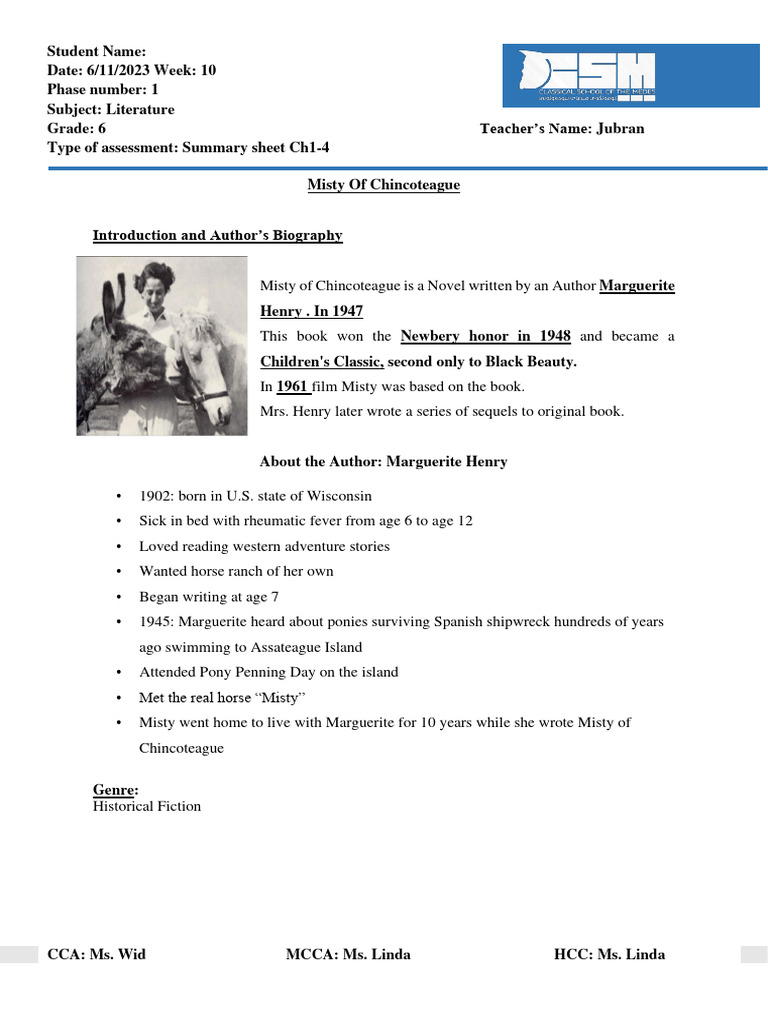 G6 Week10 Literature Misty of Chincoteague Ch1 4 PDF | PDF