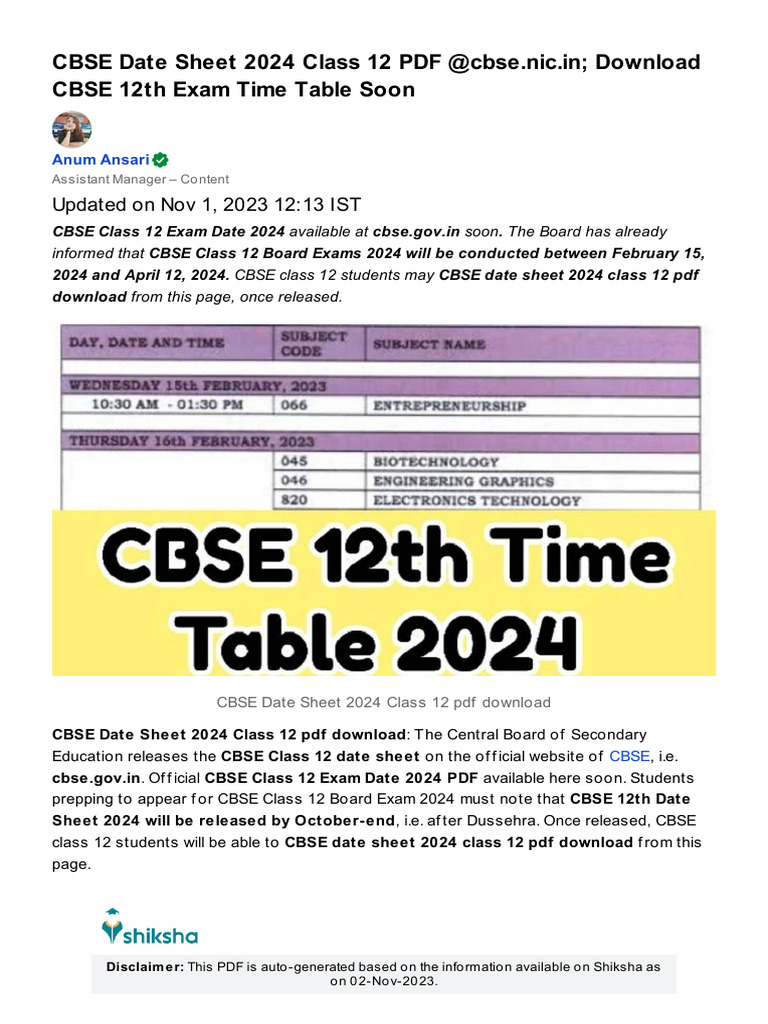 CBSE Date Sheet 2024 Class 12 PDF @cbse - Nic.in Download CBSE 12th ...