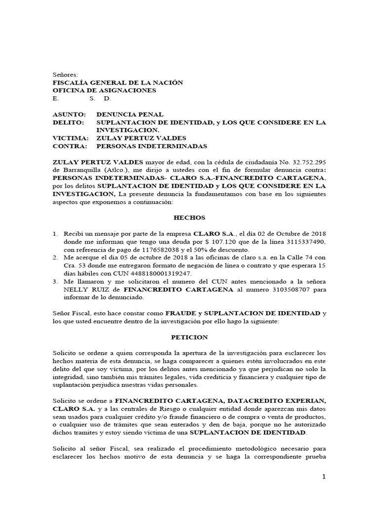 407726471 Suplantacion Derecho de Peticion a Claro S A | PDF | Suplantación de identidad | Justicia