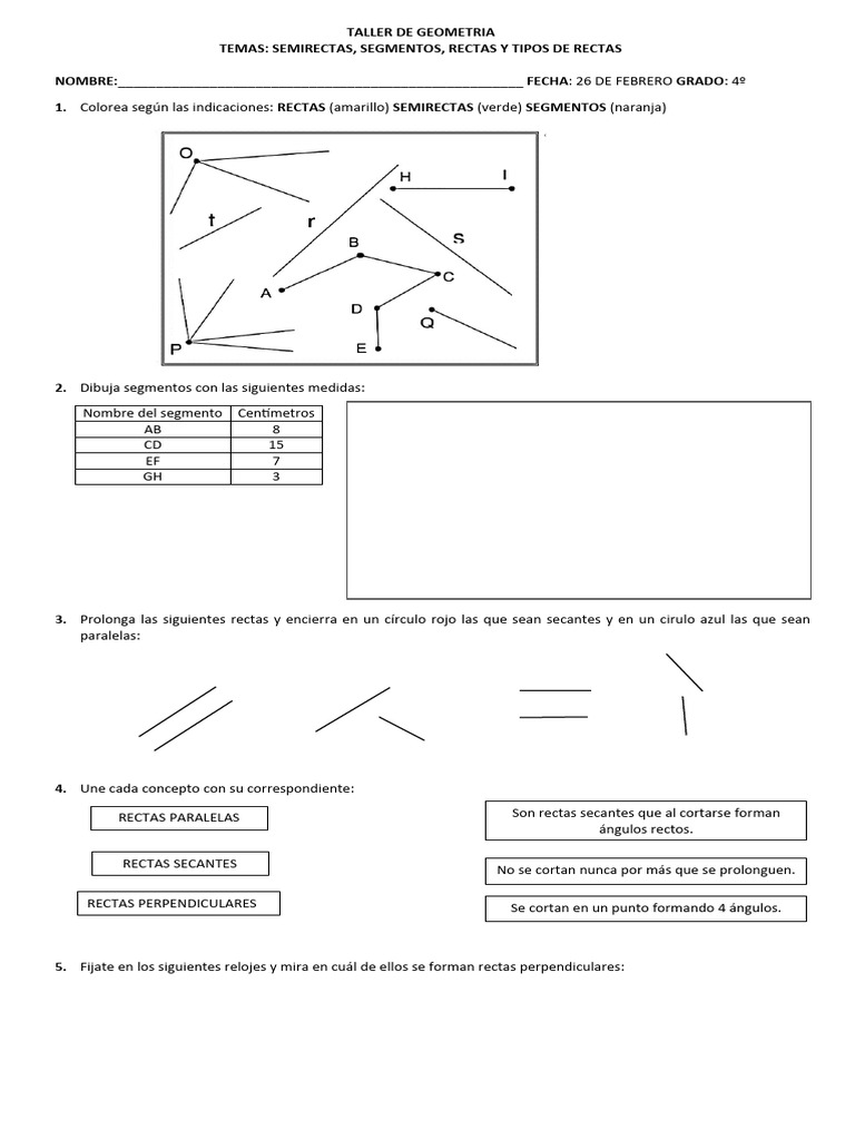 TALLER de GEOMETRIA Segmentos Semirectas Rectas y Tipo de Rectas | PDF
