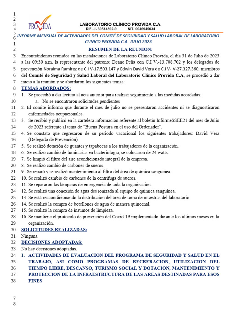 Informe - PROVIDA - JULIO - 2023 | PDF | Laboratorios